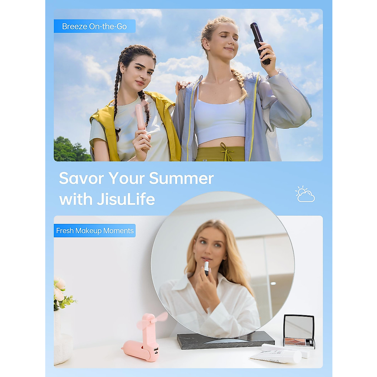 JISULIFE Handheld Mini Fan, 3 IN 1 Hand Fan, Portable USB Rechargeable Small Pocket Fan, Battery Operated Fan [14-21 Working Hours] with Power Bank, Flashlight Feature for Women,Travel,Outdoor-Pink, 1 Count (Pack of 1)