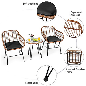 KOTEK 3 Pieces Patio Bistro Set, Outdoor Wicker Furniture Set with Glass Top Coffee Table & Seat Cushions, PE Rattan Conversation Set for Porch, Garden, Backyard, Poolside (Black)