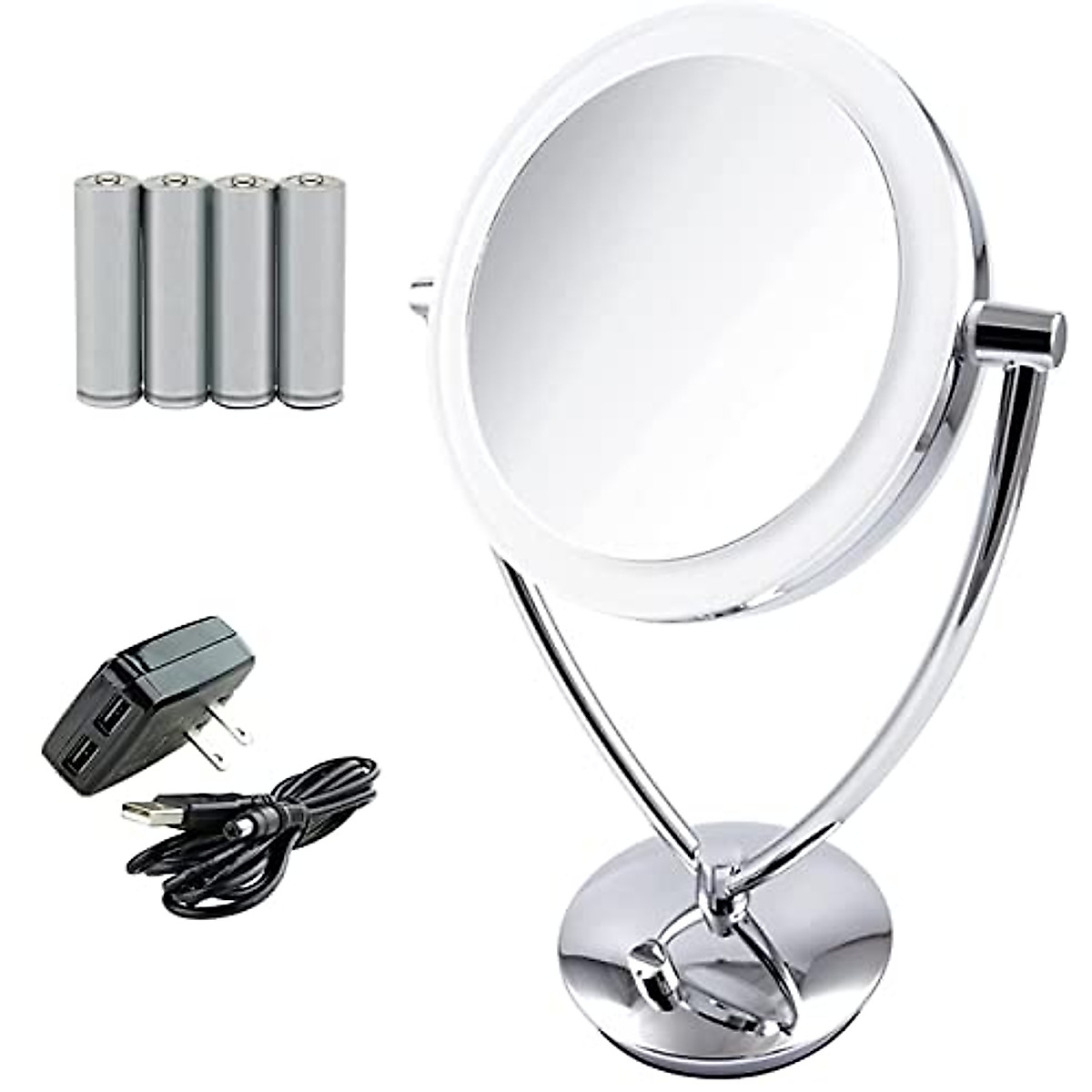 Ovente 8" Lighted Tabletop Makeup Mirror with 1X/10X Magnification, Double-Sided Magnifying Vanity Mirror, Dimmable LED Lights, 360° Swivel Design and Dual Power Supply, Polished Chrome MLT75CH1X10X