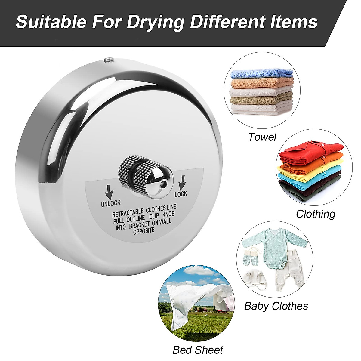 Catcan Retractable Clothesline, Stainless Steel Round Clothes Line Retracting Indoor for Hotel, Bathroom, Laundry with 10 PCS Metal Clothespins Adjustable Rope Shower Clothing Line(9.2FT Nylon String)