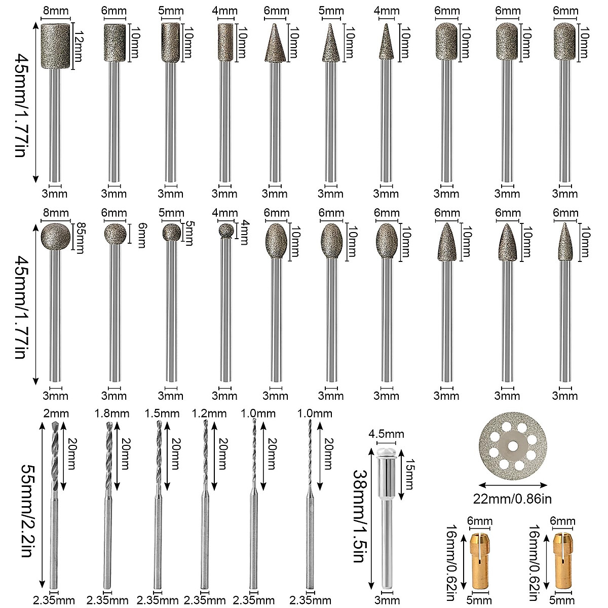 Stone Carving Set Diamond Burr Bits Compatible with Dremel, 1/8” Shank Power Rotary Tool Accessories Kit, Includes Diamond Burr Bits, Cutting Discs and Drill Bits- 34PCS