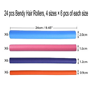 (3 in 1) Pack 24 pcs Flexi Soft Hair Curler Rollers Curling Rods with Hair Dryer Bonnet Attachment and 4 Hair Styling Clips (Hair Rollers+Black Drying Hood)