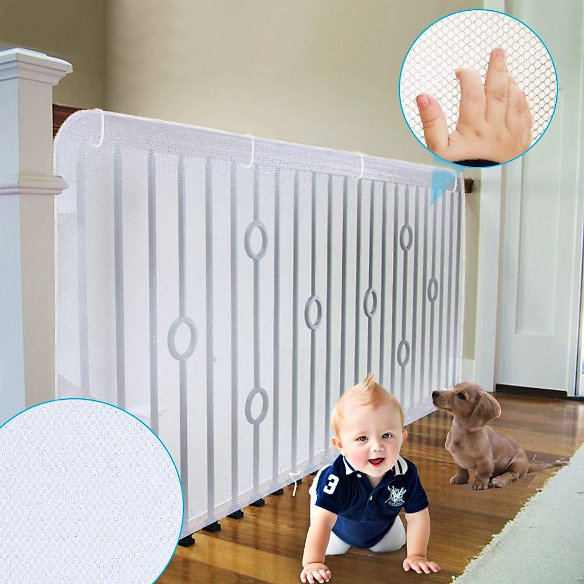 Adsoner Child Safety Net - 10ft L x 2.5ft H, Balcony, Patios and Railing Stairs Netting, Safe Rail Net for Kids/Pet/Toy, Sturdy Mesh Fabric Material (White)