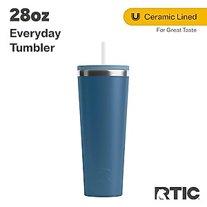 RTIC 28oz Everyday Tumbler Insulated Stainless Steel Portable Travel Coffee Cup with Straw, Spill-Resistant Lid, BPA-Free, Hot and Cold Drink, Ceramic Lining, Storm