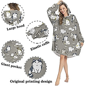 Darrenvan Wearable Blanket Hoodie Oversized Sweatshirt Blanket Adults women men Hooded Sherpa Blanket Giant Pocket reversible clothes Grey cat