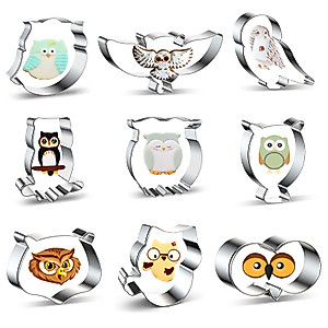 Owl Cookie Cutter Shapes Set - 9 Piece Owl Eye, Owl Face, Owl Head, Cute Cartoon Owl Shaped, Spread Wings Owl Bird Animal Cookie Cutters Fondant Biscuit Mold Clay Cutter for Kids - Stainless Steel