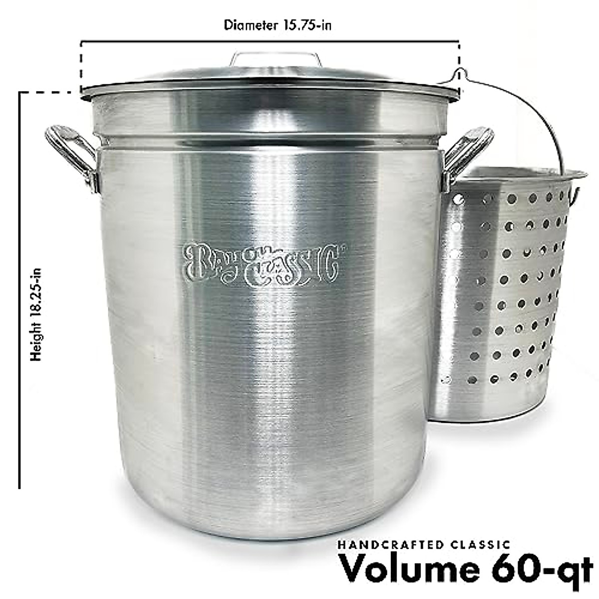 Bayou Classic 4060 60-qt Aluminum Stockpot w/Basket Features Domed Vented Lid Heavy Riveted Handles Perforated Aluminum Basket Perfect For Boiling Steaming and Canning