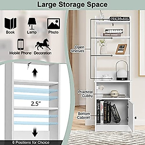 GOFLAME Nightstand with Charging Station and USB Ports, 56” Tall Bedside Table with Adjustable Open Shelves, Storage Cabinet, End Table Sofa Side Table with Bookcase for Home Office (White)