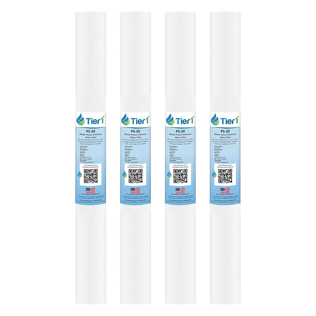 Tier1 5 Micron 20 Inch x 2.5 Inch | 4-Pack Spun Wound Polypropylene Whole House Sediment Water Filter Replacement Cartridge | Compatible with Pentek P5-20, 155016-43, SDF-25-2005, Home Water Filter
