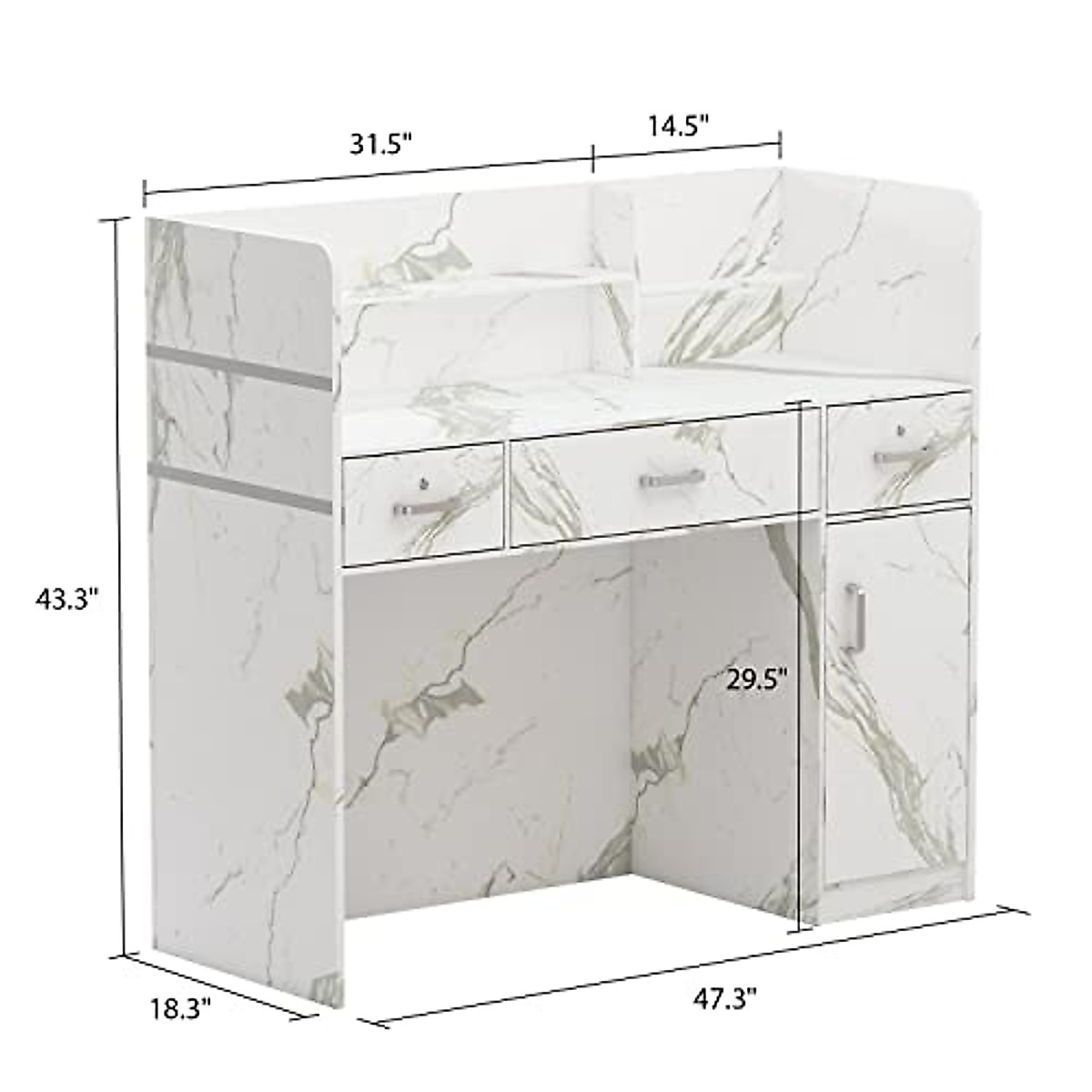 Homsee Modern Reception Desk with 3 Drawers, 1 Door Storage Cabinet & Hutch Shelf, Office Wooden Computer Desk, Writing Study Table PC Laptop Desk, White Marble (47.3" L x 18.3" W x 43.3" H)
