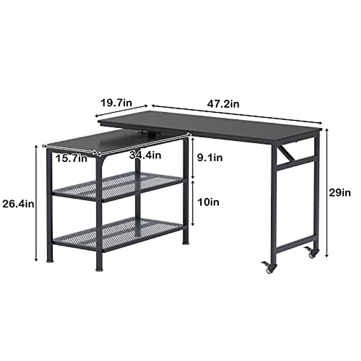 soges Reversible L Shaped Desk, 360° Free Rotating Corner Computer Desk, 47 inch L Desk with Storage Shelves for Home Office, Modern Study Writing Table Workstation, Black