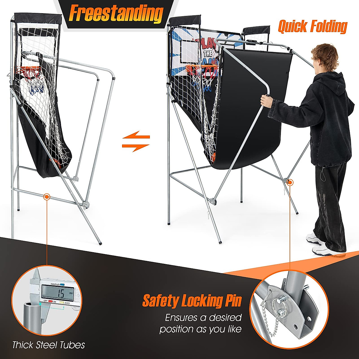 Goplus Foldable Dual Shot Basketball Arcade Game, Basketball Hoop Game w/Electronic Scoring, 8 Game Modes, 4 Balls, Indoor Outdoor Electronic Basketball Game Machine for Kids Adults (White+Blue)