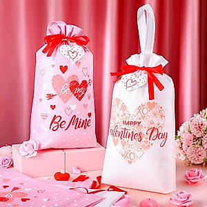12 Pack Valentine's Day Gift Bags with Drawstring Satin Ribbon Drawstrings Valentine Bag Holly Cloth Gift Handle Bags Valentine Design Goodie Bags for Valentine Presents Party Favor