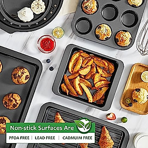 HONGBAKE Bakeware Sets, Baking Pans Set, Nonstick Oven Pan for Kitchen with Wider Grips, 10-Pieces Including Rack, Cookie Sheet, Cake Pans, Loaf Pan, Muffin Pan, Pizza Pan - Grey
