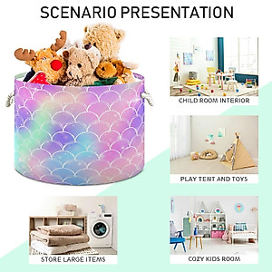 MNSRUU Storage Basket 20"x14" Multicolor Mermaid Scales Collapsible Organizer Basket with Handles, Fabric Nursery Laundry Basket Large Capacity