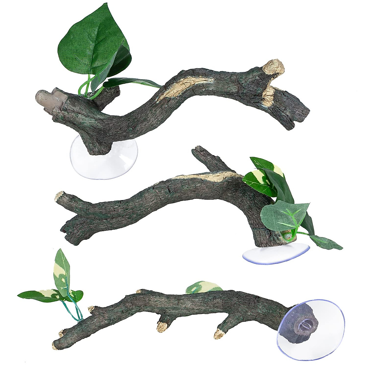 REPTIZOO 3 PCS Reptile Climbing Branch Terrarium Plants Decor with Suction Cup Resin Spliceable Corner Branch for Amphibian Snake Lizards Geckos Habitat Decor