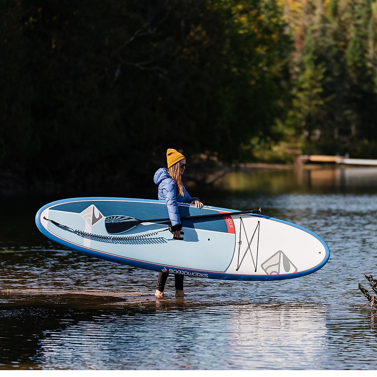 Boardworks Sōlr | Recreational Stand Up Paddleboard | X-Shot Epoxy Hardboard with Paddle | 10' 6",Blue/White/Grey