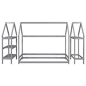 DEYOBED Gray Twin House Floor Bed with 2 Removable Stands - Unique House Design for Kids