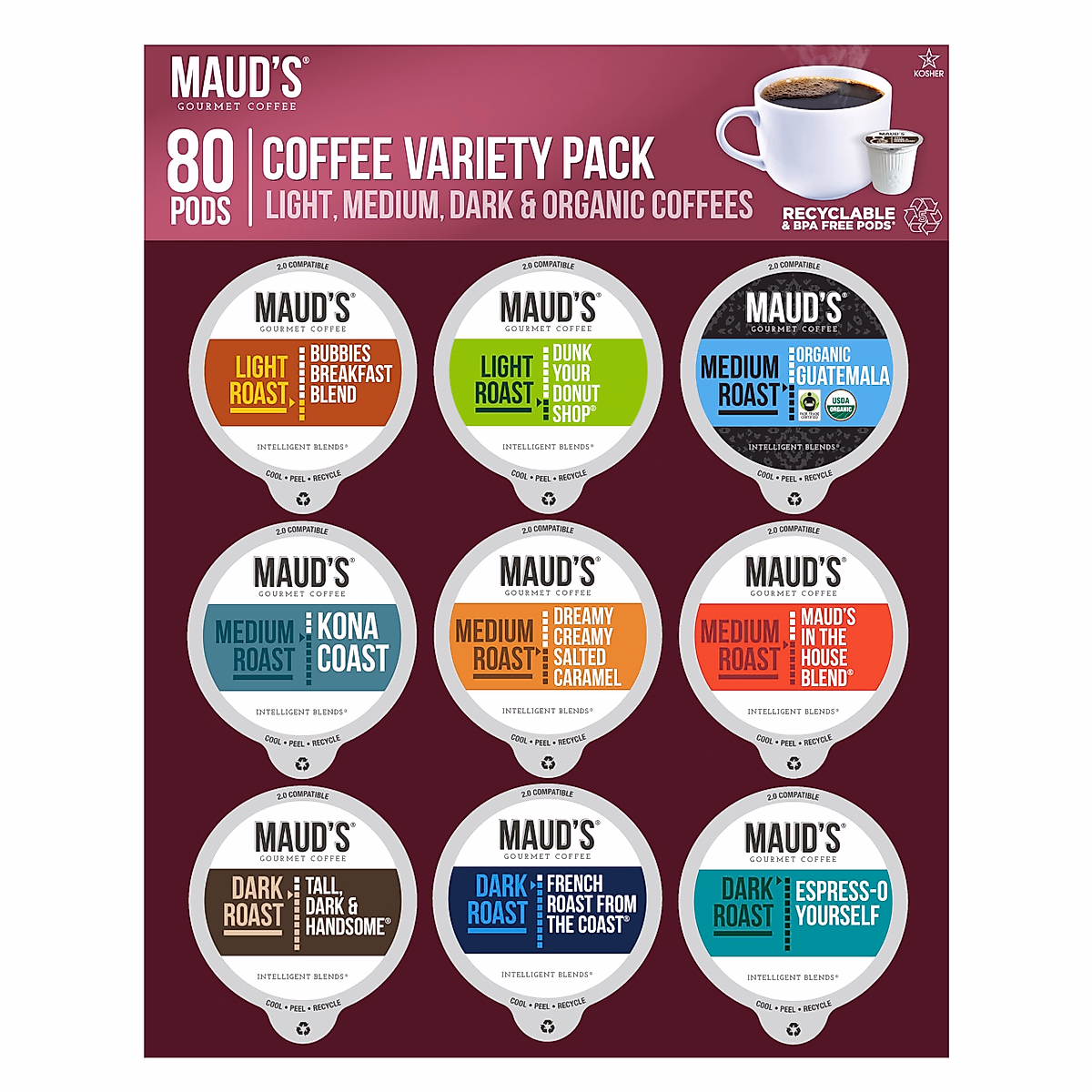 Maud's Original Flavored Coffee Pods Variety Pack, 80 ct | 9 Assorted Coffee Flavors | 100% Arabica Roasted Coffee | Solar Energy Produced Recyclable Pods Compatible with Keurig K Cups Maker