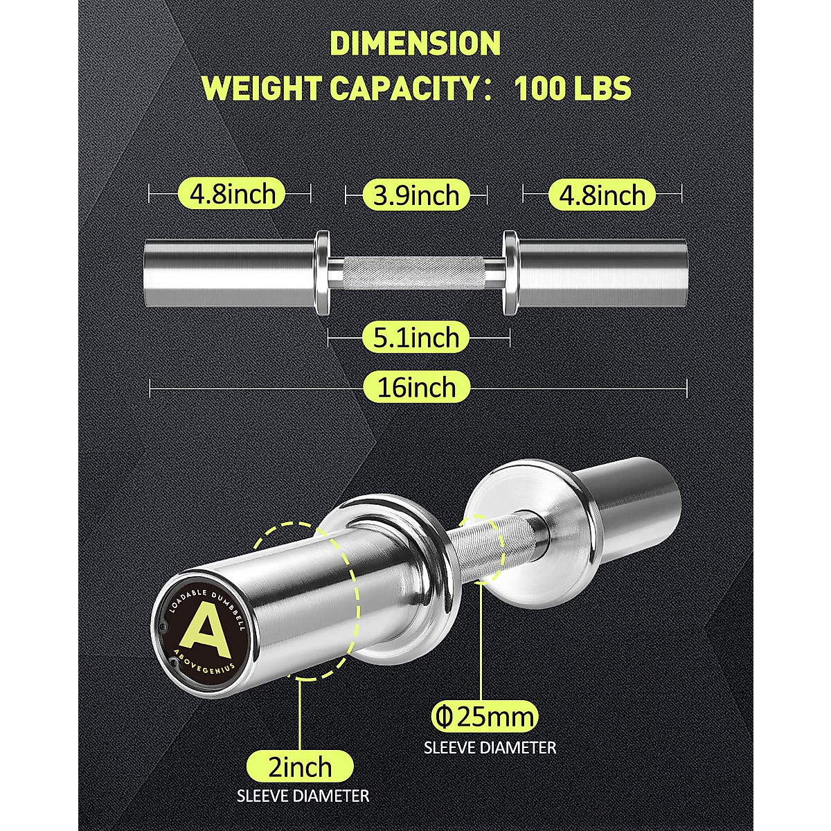 AboveGenius Pair of 16" Olympic Dumbbell Handles Loadable Dumbbell Bars for 2-inch Olympic Weight Plates Ideal for Home Gym Strength Training, 2 Pair of Spring Collars Included