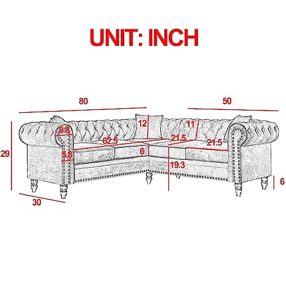LSKTGA Velvet Convertible Sectional Sofa, Classic Chesterfield L-Shaped Sofa, with Deep Button Tufted Upholstered Roll Arm, 3 Pillows Included, Solid Wood Gourd Legs, Grey