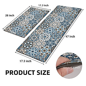 Blue Boho Kitchen Mats Set of 2 Cushioned Anti-Fatigue Kitchen Rugs Waterproof Kitchen Floor Rug Washable Comfort Standing Mat Kitchen Carpet Runner Rug for Sink Laundry,17.3x28+17.3x47 Inch