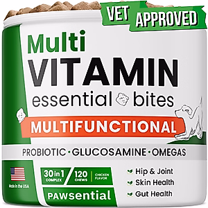 Dog Multivitamin Chewable Supplement - Dog Vitamins + Glucosamine, Omega, Probiotics - Hip & Joint Support, Skin & Coat, Gut Health - Adult & Senior Dog Treats