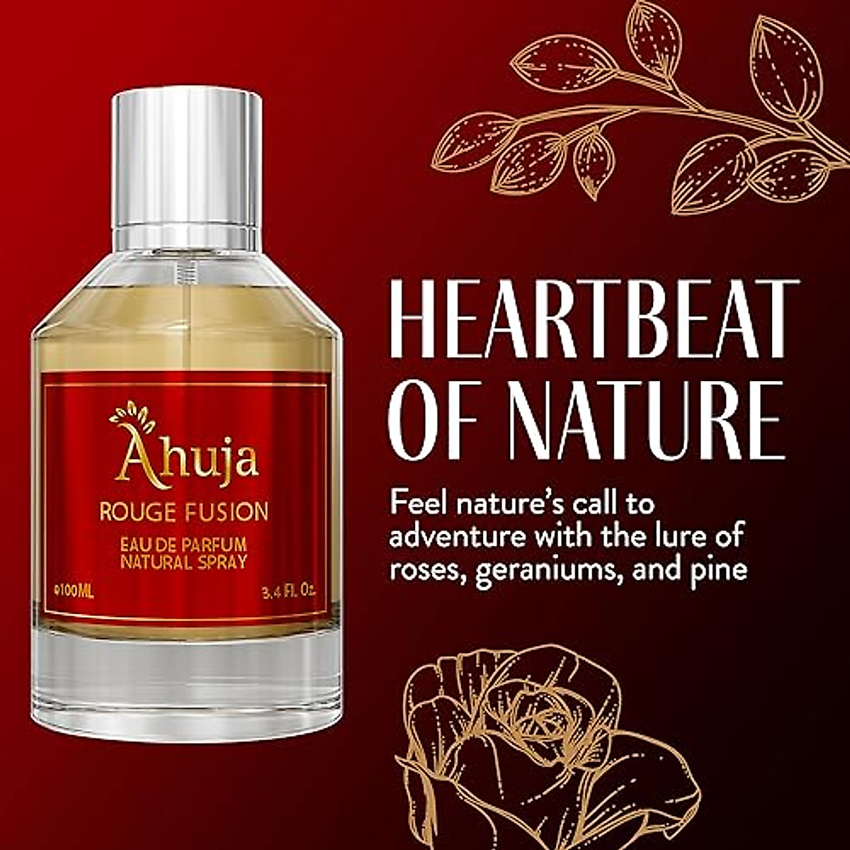 AHUJA Rouge Fusion Unisex Eau De Parfum 3.4 fl oz - Vanilla Perfume W/Bold Citrus Scents & Allure Of Roses, Geraniums, & Pine - Sophisticated Scents
