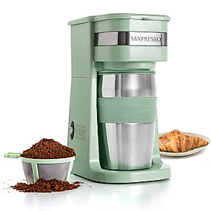 Mixpresso Personal Single Serve Coffee Maker & 14oz Travel Mug, Drip Coffee Brewer & Tumbler, Auto Shut Off & Reusable Filter, Green Coffee Maker Compatible with Coffee Grounds