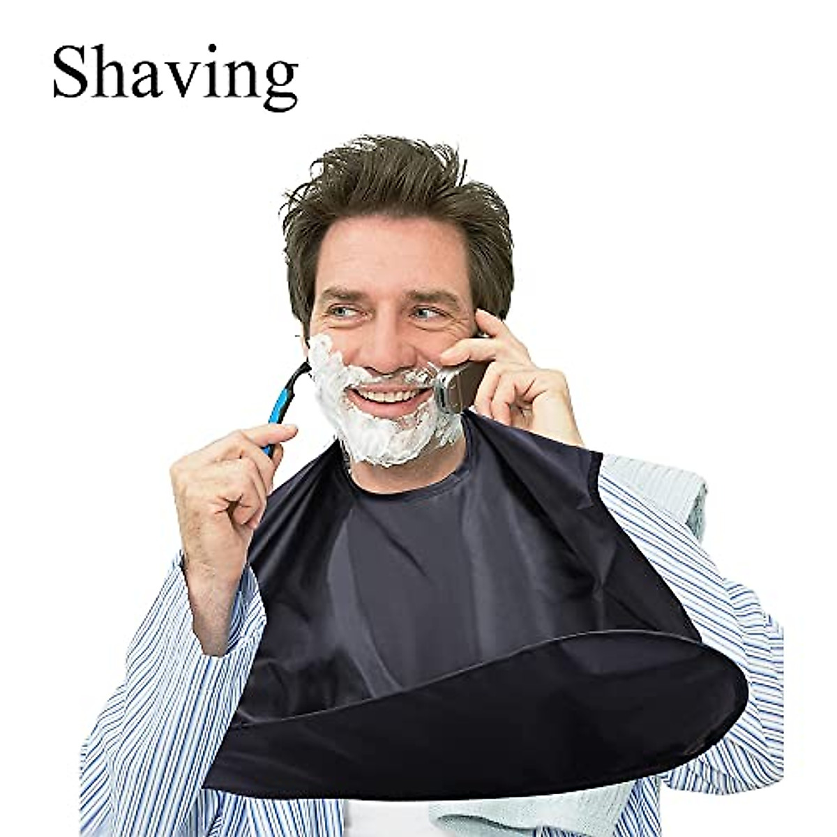 Beard Bib Beard Apron Hair Catcher for Men Shaving & Trimming Clothes, Non-Stick Beard Cape Grooming Cloth, Waterproof, Gifts for Dad Husband Includes Wooden Pocket Beard Comb,1 size Fits All (Black)