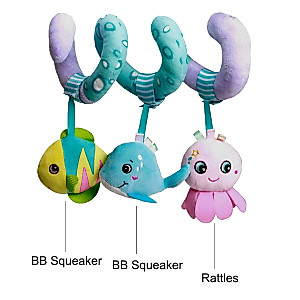 willway Hanging Toys for Stroller Car Seat Crib Mobile, Infant Baby Spiral Ocean Animal Activity Toys, Baby 0-6-12 Months Toy with BB Squeaker Whale Rattles Octopus