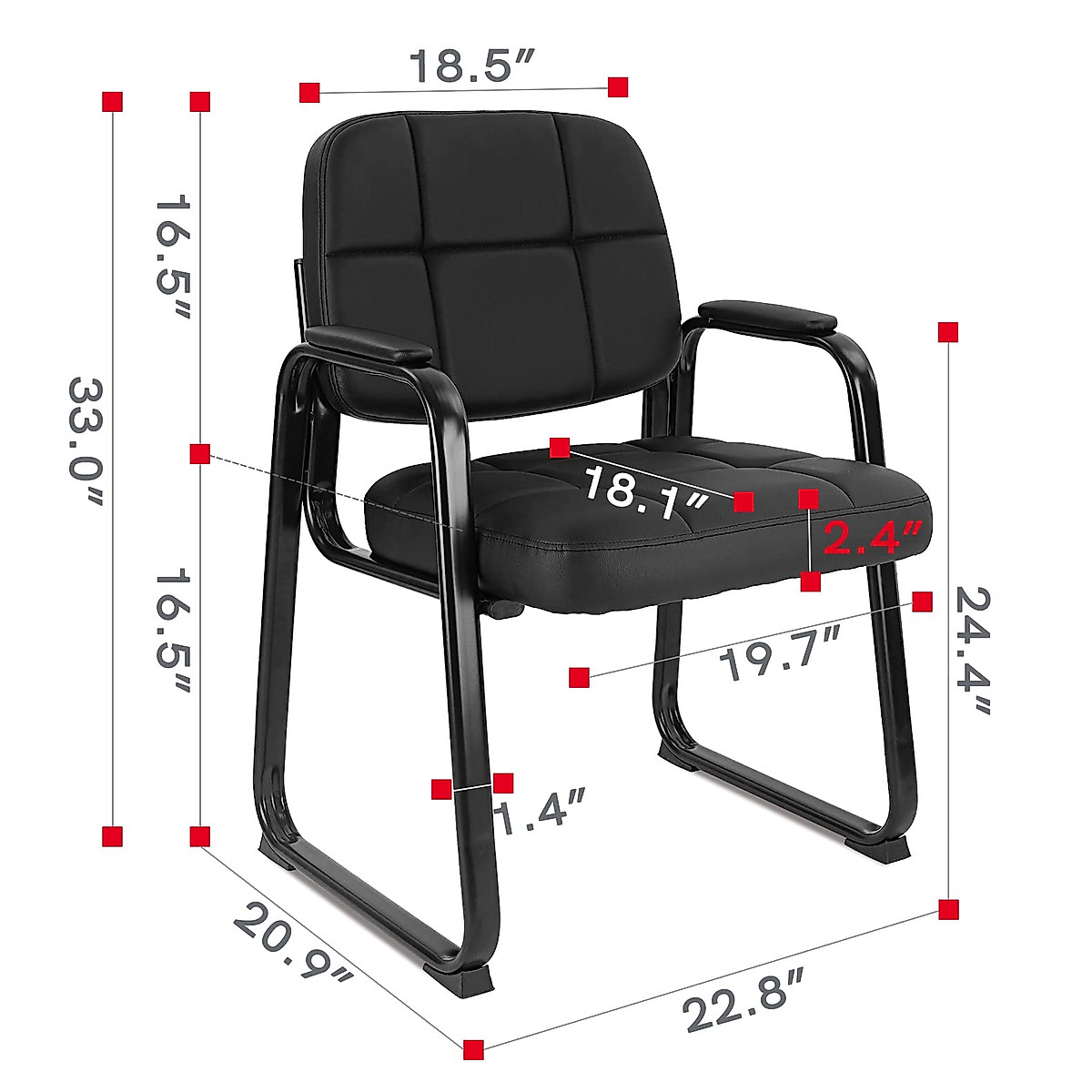 CLATINA Waiting Room Guest Chair with Bonded Leather Padded Arm Rest for Office Reception and Conference Desk Black with Sled Base 2 Pack
