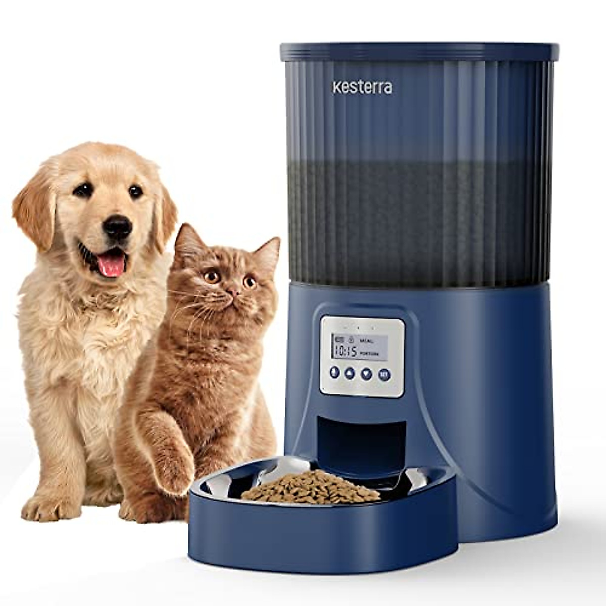 KESTERRA Automatic Cat Feeder, 4L Auto Dry Food Dispenser Small Dog Pet Feeder with 4 Meals Per Day Programmable Timed, 10s Voice Recorder, Twist Lock Lid, Stainless Steel Bowl, Dual Power Supply Blue