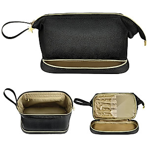 Shinowa Travel Makeup Cosmetic Bag, Portable Double Layer Cosmetic Bag, Large Leather Makeup Pouch with Wide Opening, Water-proof Toiletry Bag for Women Girls, Black