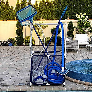 Essentially Yours Pool Equipment Holder with Towel Drying Bars, Mesh Rolling Pool Storage Organizer Bin, Extra Large with Towel Hanger, (34.5" W x 25" L x 62.6" H), Blue/White Style 418566