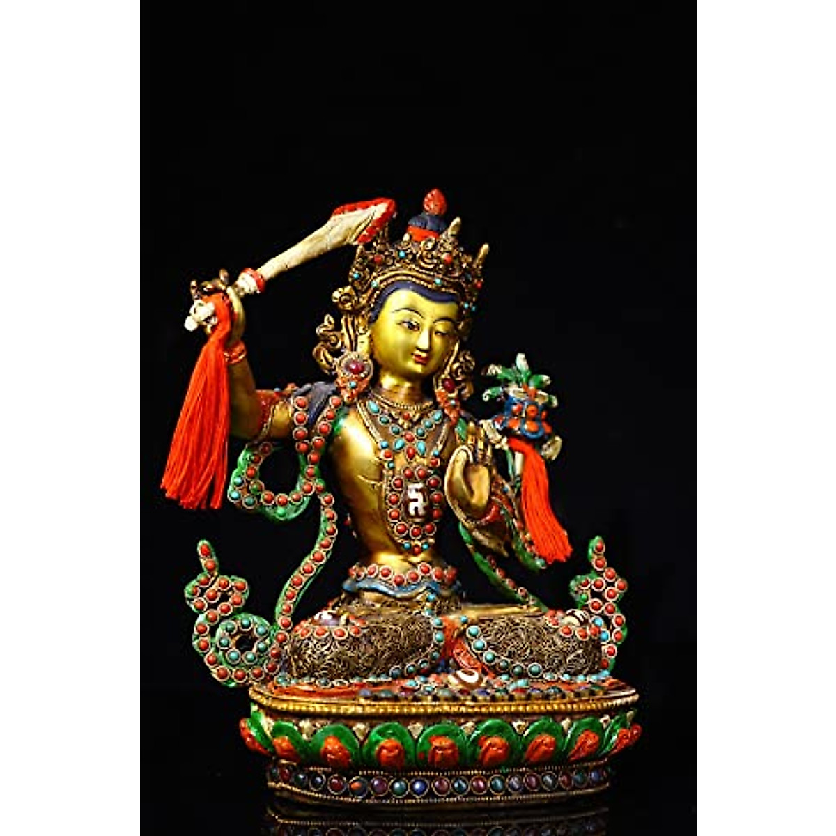 9" Tibetan Temple Collection Old Bronze Outline in Gold Painted Mosaic gem Dzi Beads Manjushri Worship Buddha Town House