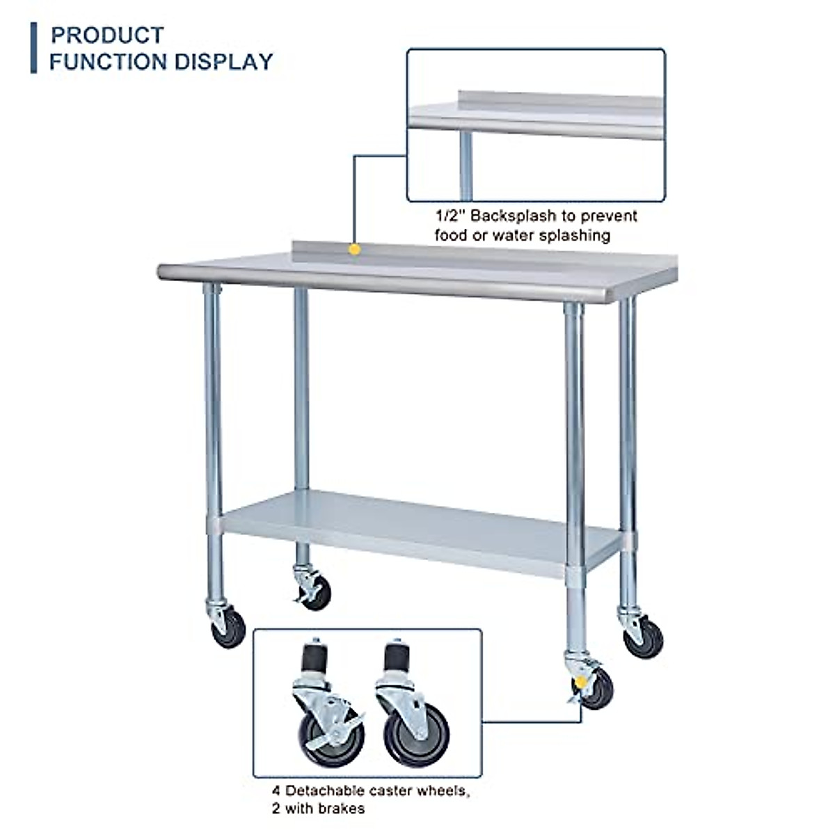 EASE-WAY Stainless Steel Metal Table NSF for Commercial Kitchen Prep Table, 24 x 36 Inches Worktable with Backsplash, Adjustable Under Shelf and Caster Wheel for Industrial Restaurant, Home and Garage