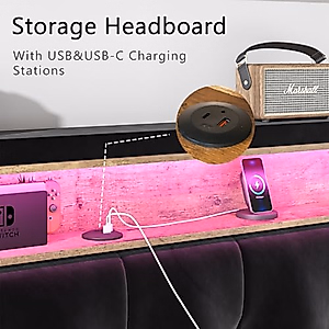 HOMBCK Queen Size Bed Frame with Led Lights, Storage Shelf Headboard, Black Velvet Upholstered, No Box Spring Needed, Noise-Free