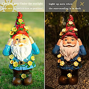 Ovewios Garden Gnome Statue, Large Funny Garden Sculptures & Statues Flowers Decorations with Solar LED Light Resin Outdoor Statues for Outdoor Patio Lawn Porch Yard Ornaments