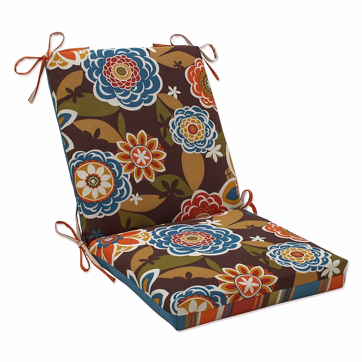 Pillow Perfect Reversible Floral Stripe Indoor/Outdoor Solid Back 1 Piece Square Corner Chair Cushion with Ties, Deep Seat, Weather, and Fade Resistant, 36.5" x 18", Brown/Orange Annie, 1 Count