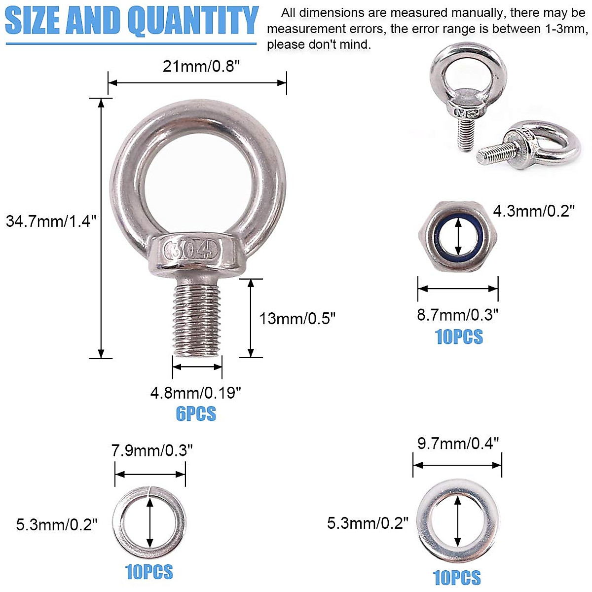 Glarks 36Pcs 304 Stainless Steel M5 Male Thread Machinery Shoulder Lifting Ring Eye Bolt with Lock Nuts/Lock Washers/Flat Washers Set