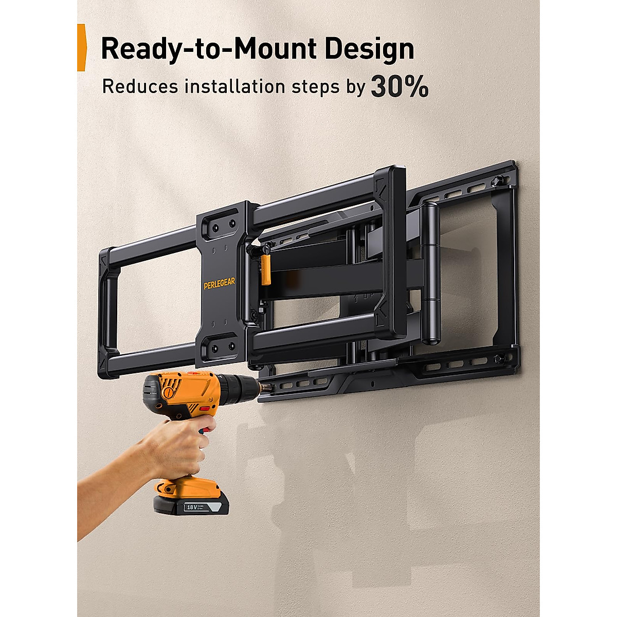 Perlegear UL-Listed Full Motion TV Wall Mount for 42–90 Inch TVs up to 150 lbs, Pre-Assembled TV Mount with Tool-Free Tilt, Swivel, Extension, Max VESA 600 x 400mm, 12″/16″/18″/24″ Wood Studs, PGLF16