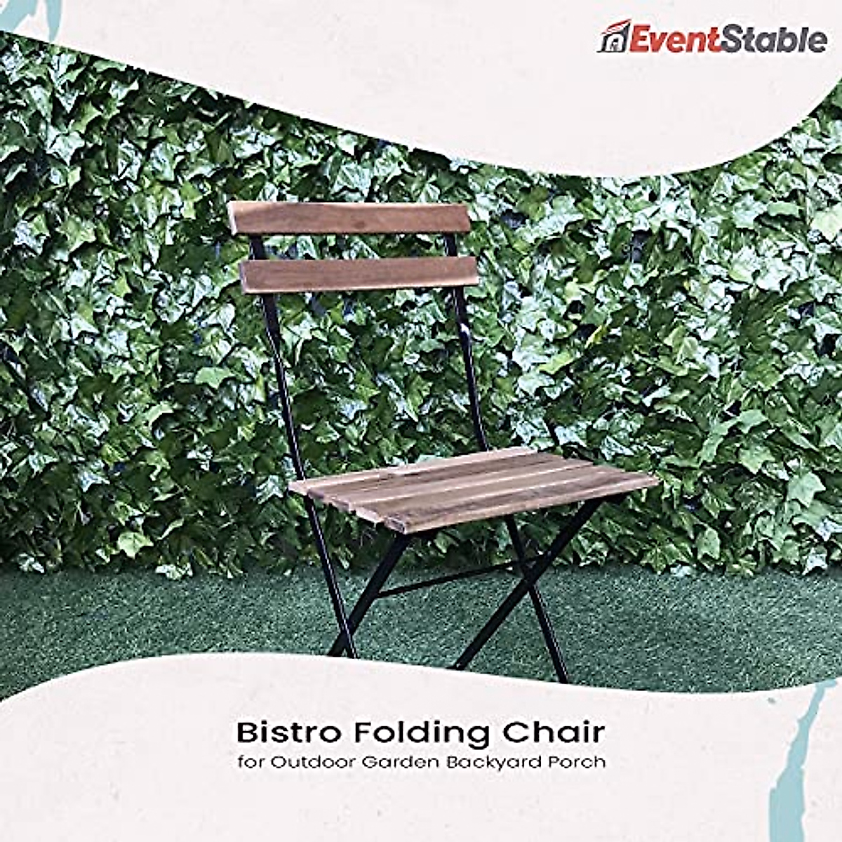 French Bistro Folding Chair - Wooden Patio Chair - Commercial-Grade Foldable Chair - Sturdy Black Steel Frame Outdoor Chair - Armless Folding Lawn Chair for Garden Backyard Porch - 4 Pack