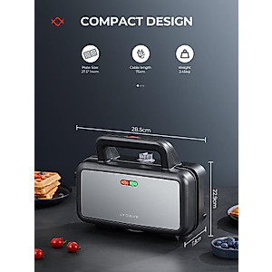AMEGAT 3 in 1 Sandwich Maker, Waffle Maker with Removables Plates, Panini Press Waffle Iron Set with 5-gear Temperature Control, Non-stick Coating Cool Touch Handle Anti-skid Feet for Breakfast, 1200W