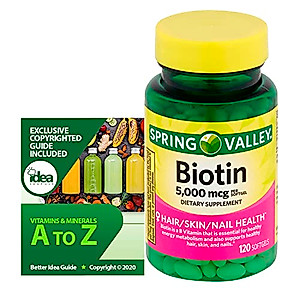 Spring Valley Biotin Dietary Supplement, 5000 mcg, 120 Softgels Total + “Vitamins & Minerals - A to Z - Better Idea Guide” (1 Pack 120 Count)