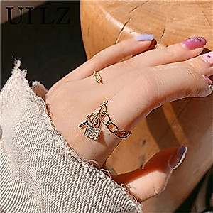 GANGYUN Open Zircon Crystal Lock Key Padlock Cuff Finger Rings for Women Adjustable Punk Infinty Chain Rings Jewelry (Gold)