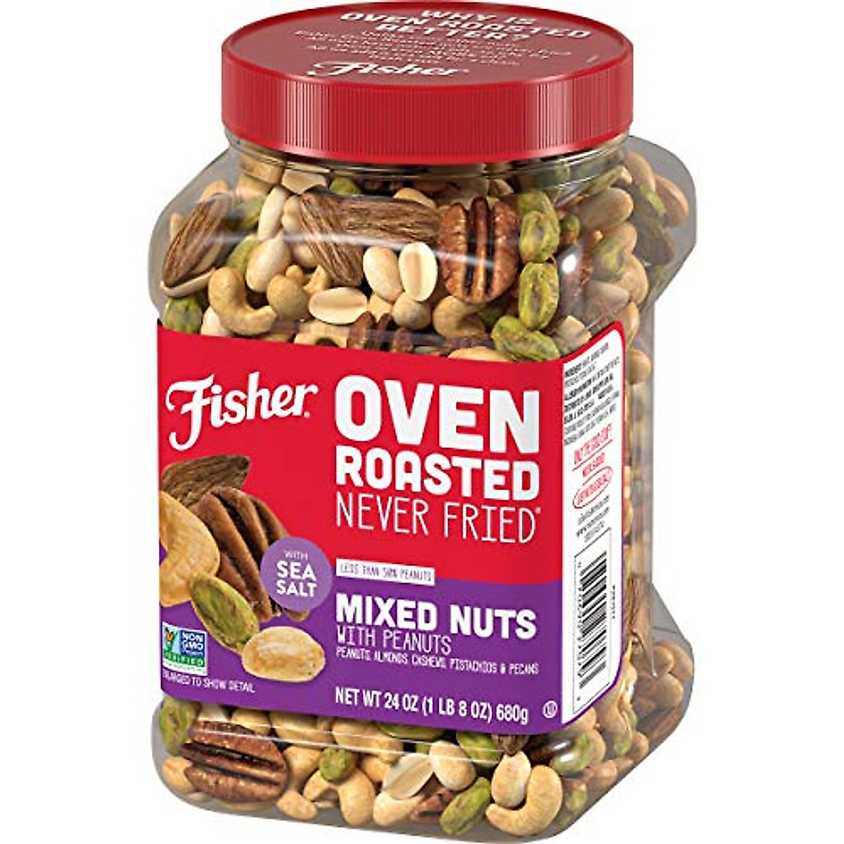 Fisher Snack Oven Roasted Never Fried Mixed Nuts with Peanuts, 24 Ounces, Peanuts, Almonds, Cashews, Pistachios, Pecans, Made With Sea Salt, Non-GMO, No Oils, Artificial Ingredients or Preservatives