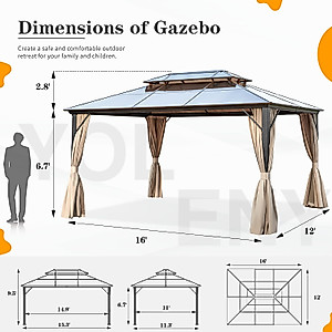 YOLENY 12'x16' Hardtop Gazebo, Outdoor Polycarbonate Double Roof Canopy, Aluminum Frame Permanent Pavilion with Curtains and Netting, Sunshade for Garden, Patio, Lawns