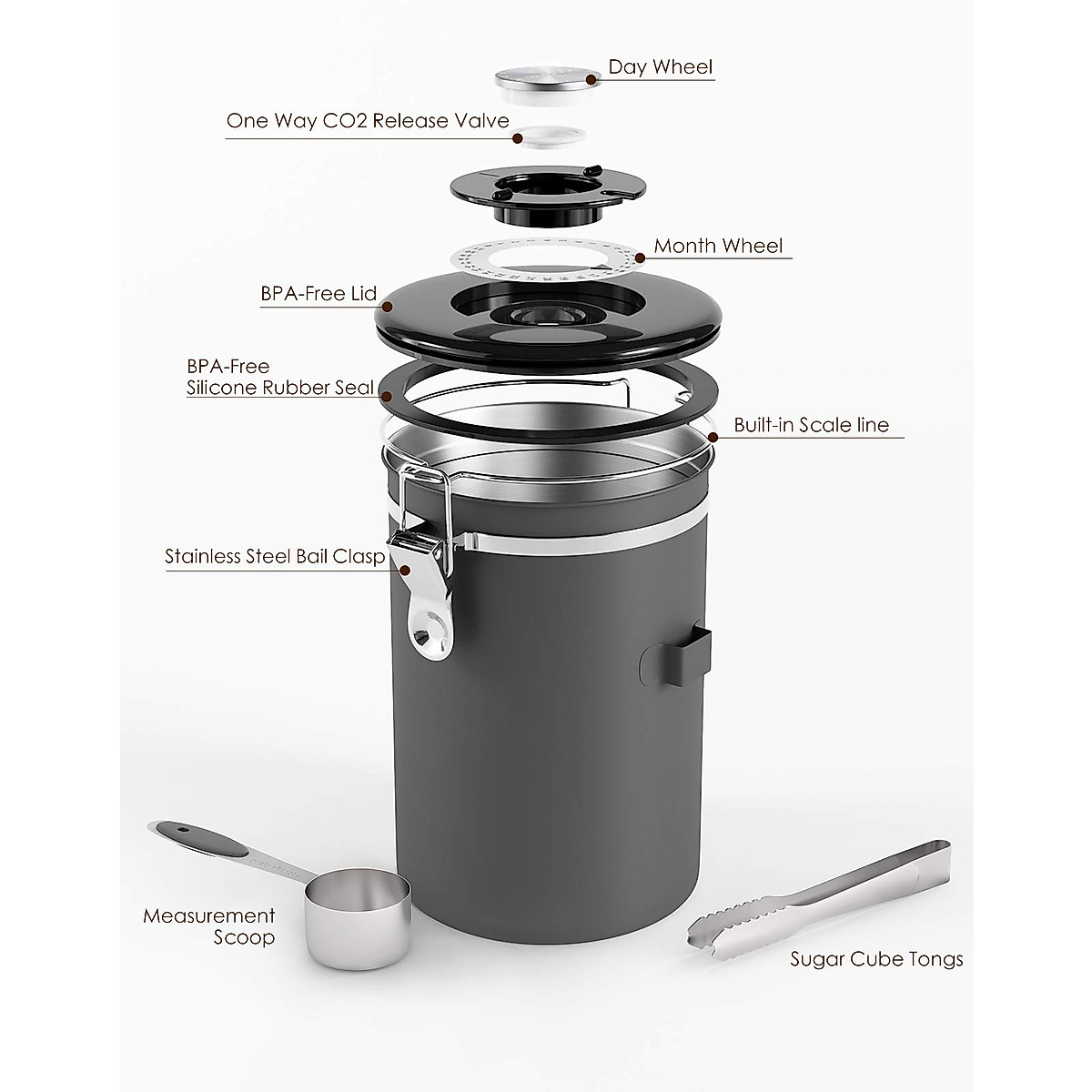 HAIOOU Airtight Coffee Canister, 22OZ Large Stainless Steel Coffee Bean Storage Container with Date Tracker, Measuring Scoop, CO2 Releasing Valves and Mini Tongs for Beans, Grounds and more - Gray