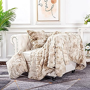 NEXHOME PRO Faux Fur Throw Blanket+2x18 x18 Pillow Cover Set, Luxury Soft Warm Fuzzy Cozy Fluffy Fleece Blankets for Women Checkboard 50"x60",Comfy Ruched Blanket for Sofa Couch Bed Décor Beige Cream